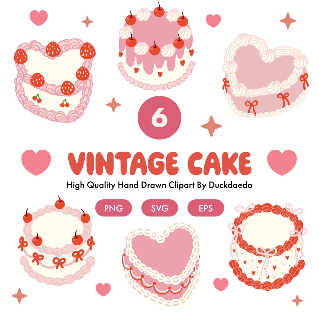 Vintage Pink Cake Clipart Set, Retro Cake Illustrations, Pink Cake PNG ...