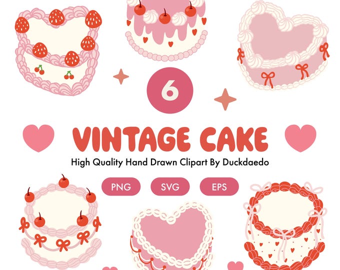 Vintage Pink Cake Clipart Set, Retro Cake Illustrations, Pink Cake PNG ...