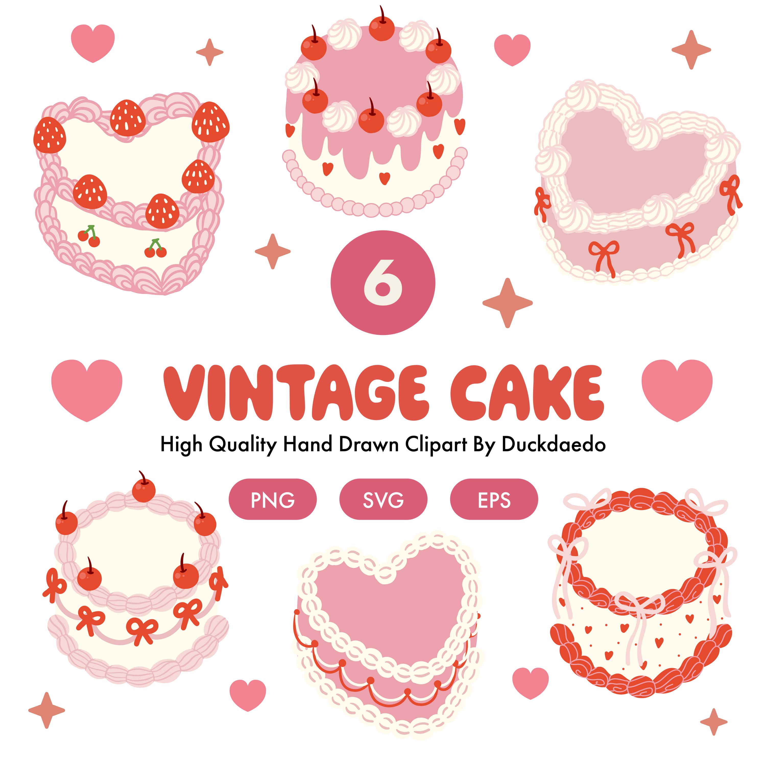 Vintage Pink Cake Clipart Set, Retro Cake Illustrations, Pink Cake PNG ...