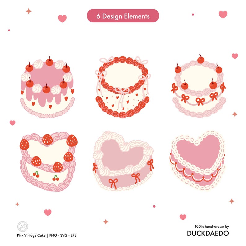 Vintage Pink Cake Clipart Set: Retro Dessert Illustrations (PNG, SVG ...