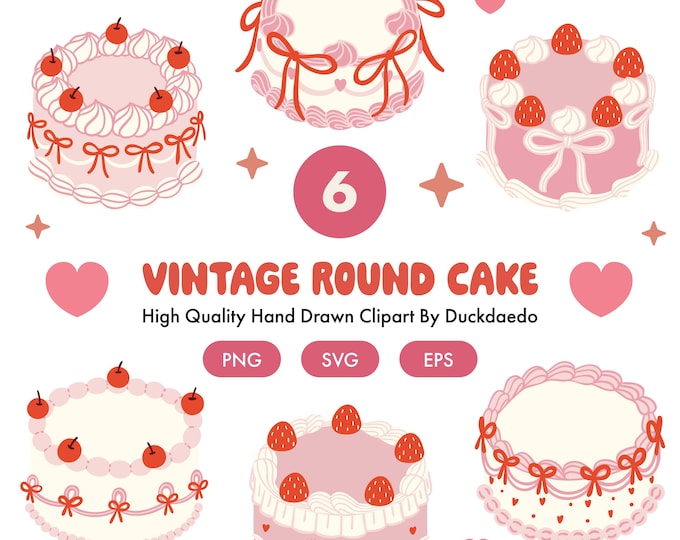 Vintage Pink Cake Clipart, Retro Cake Illustration, Pink Cake PNG, SVG ...