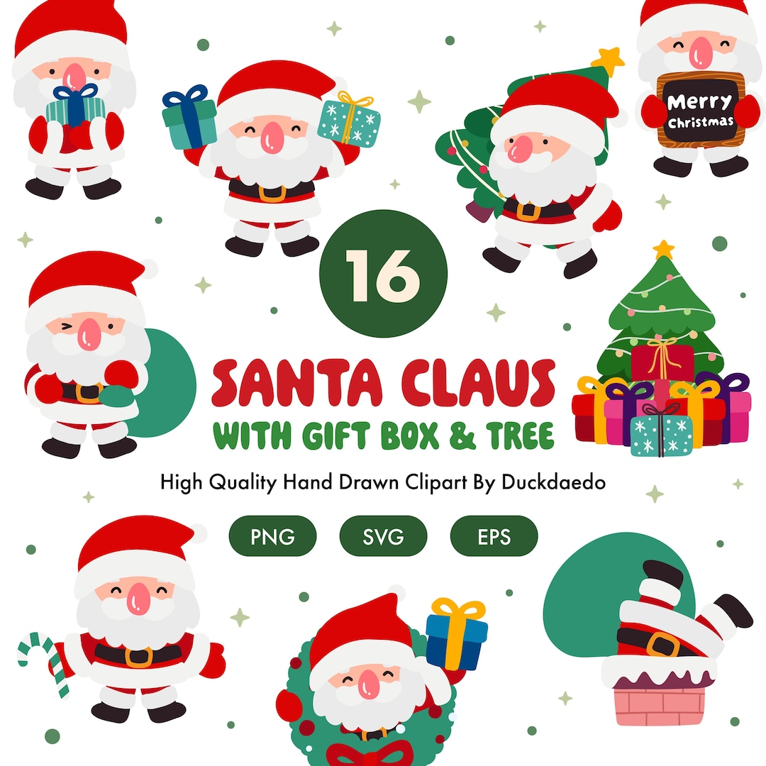 Santa Claus Christmas Clipart, Cute Santa and Gift Clipart, Christmas ...