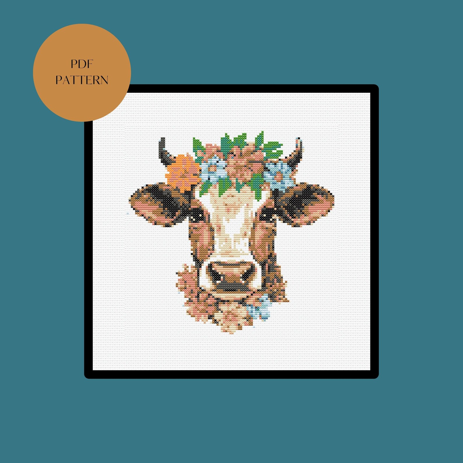 Flowers Cow Cross Stitch Pattern. Downloadable Digital PDF Design. - Etsy
