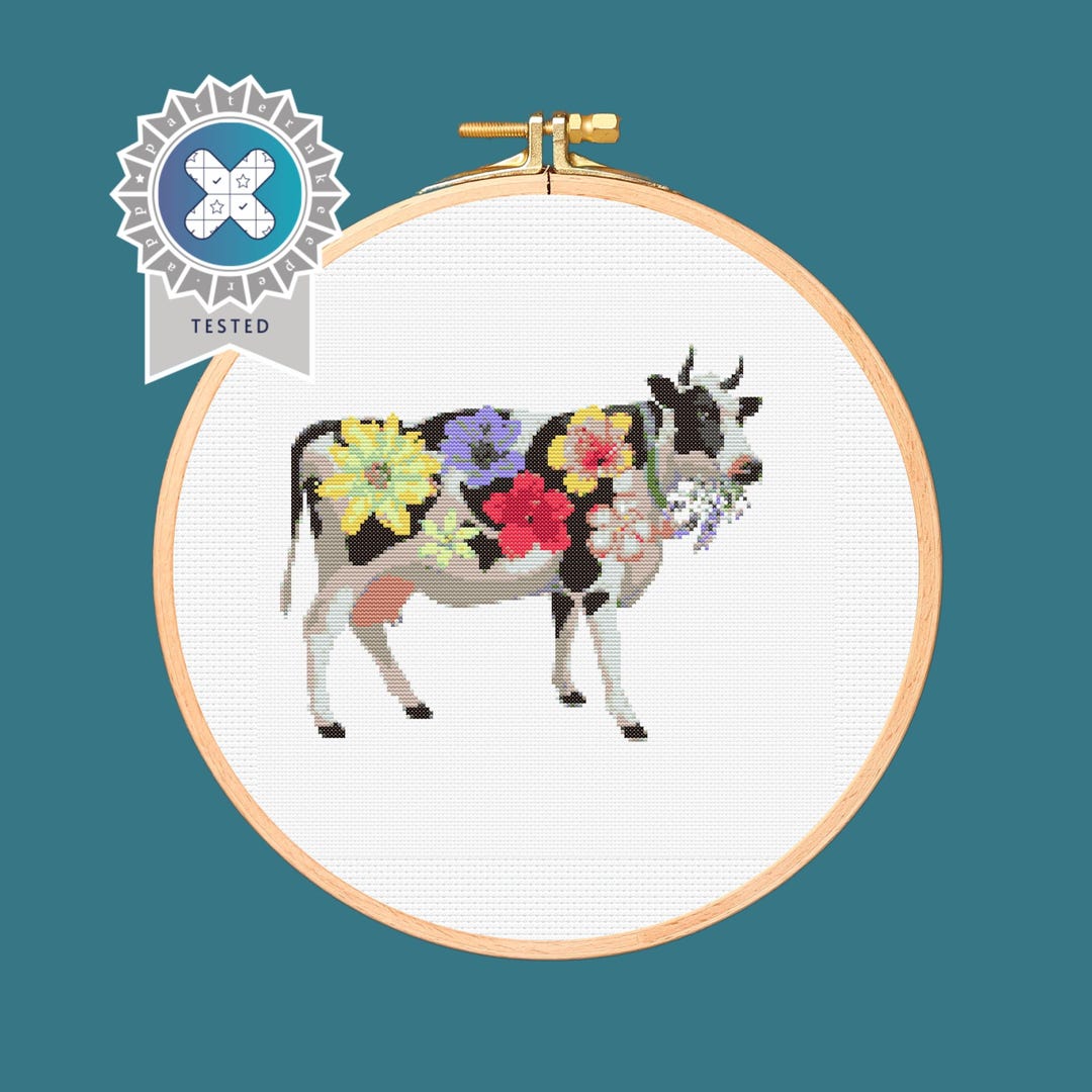 Cow With Colorful Flowers Cross Stitch Pattern. Downloadable Digital ...