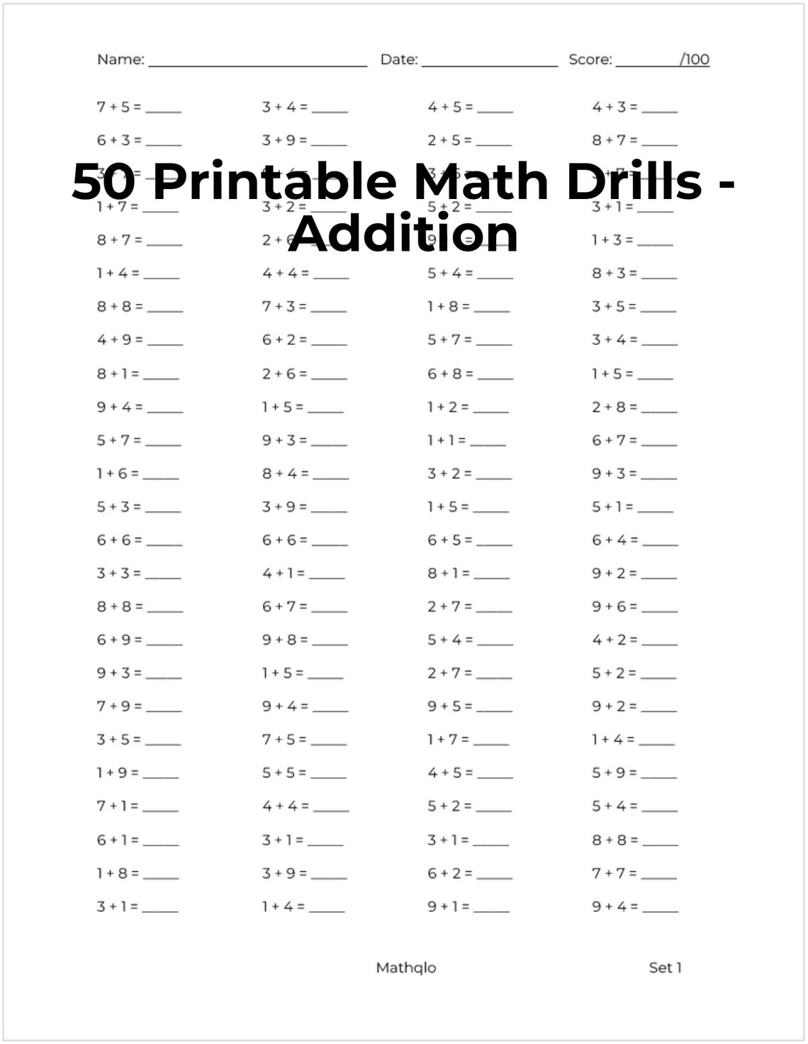 50 Printable Timed Maths Drills Single-digit Addition | Maths ...