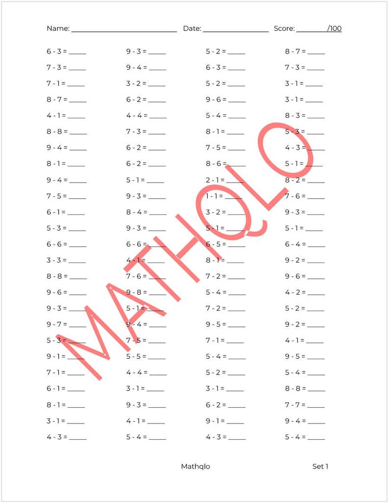 50 Printable Timed Maths Drills Single-digit Subtraction | Worksheets ...