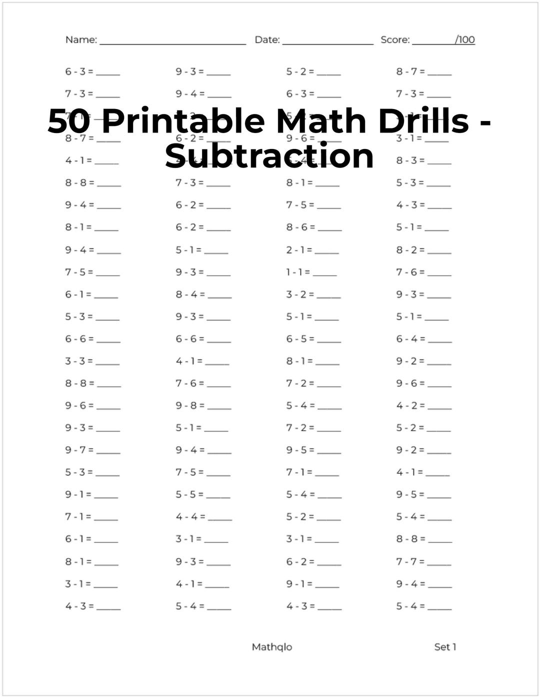 50 Printable Timed Maths Drills Single-digit Subtraction | Worksheets ...