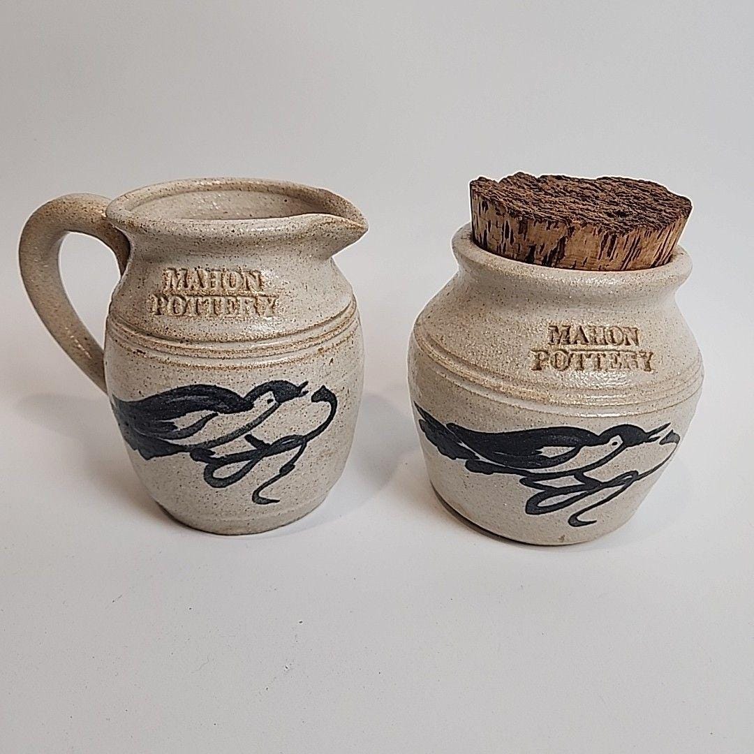 Mahon Pottery Pitcher & Jar Set Salt Glaze Stoneware Blue Bird Hand ...