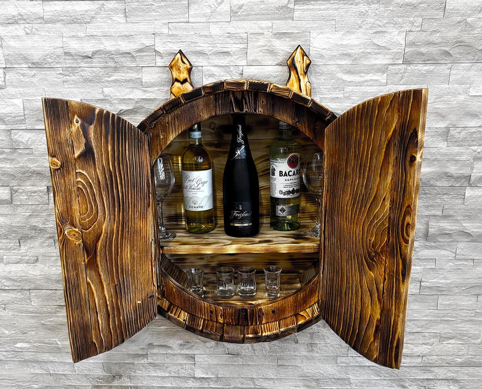 Hand-made Wine Whiskey Barrel Liquor Cabinet | Wall Display Bar Shelf ...