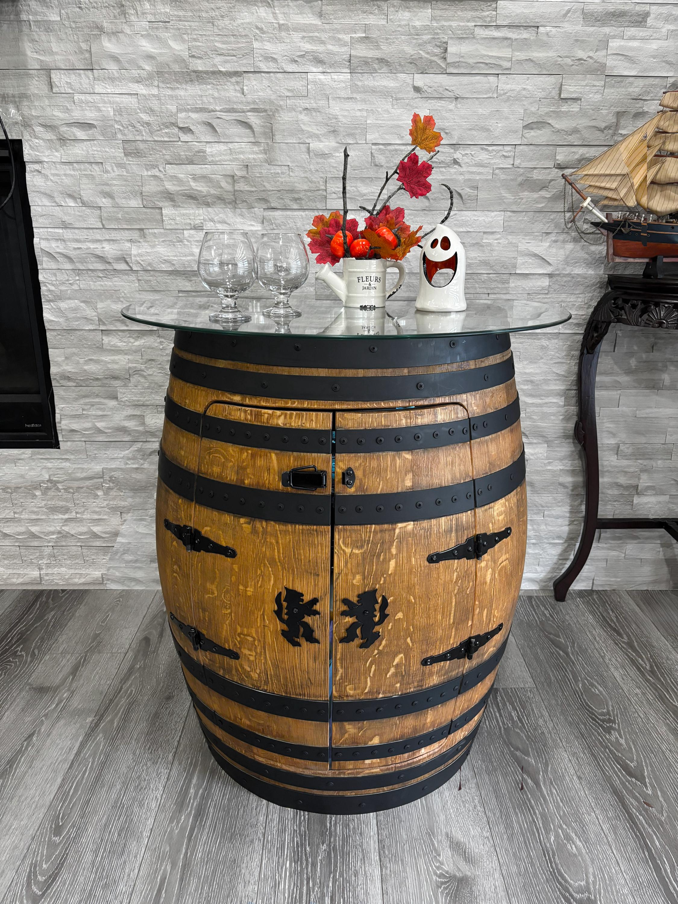 Whiskey Barrel Table Bar Rotating Glass Top Handcrafted Authentic From ...