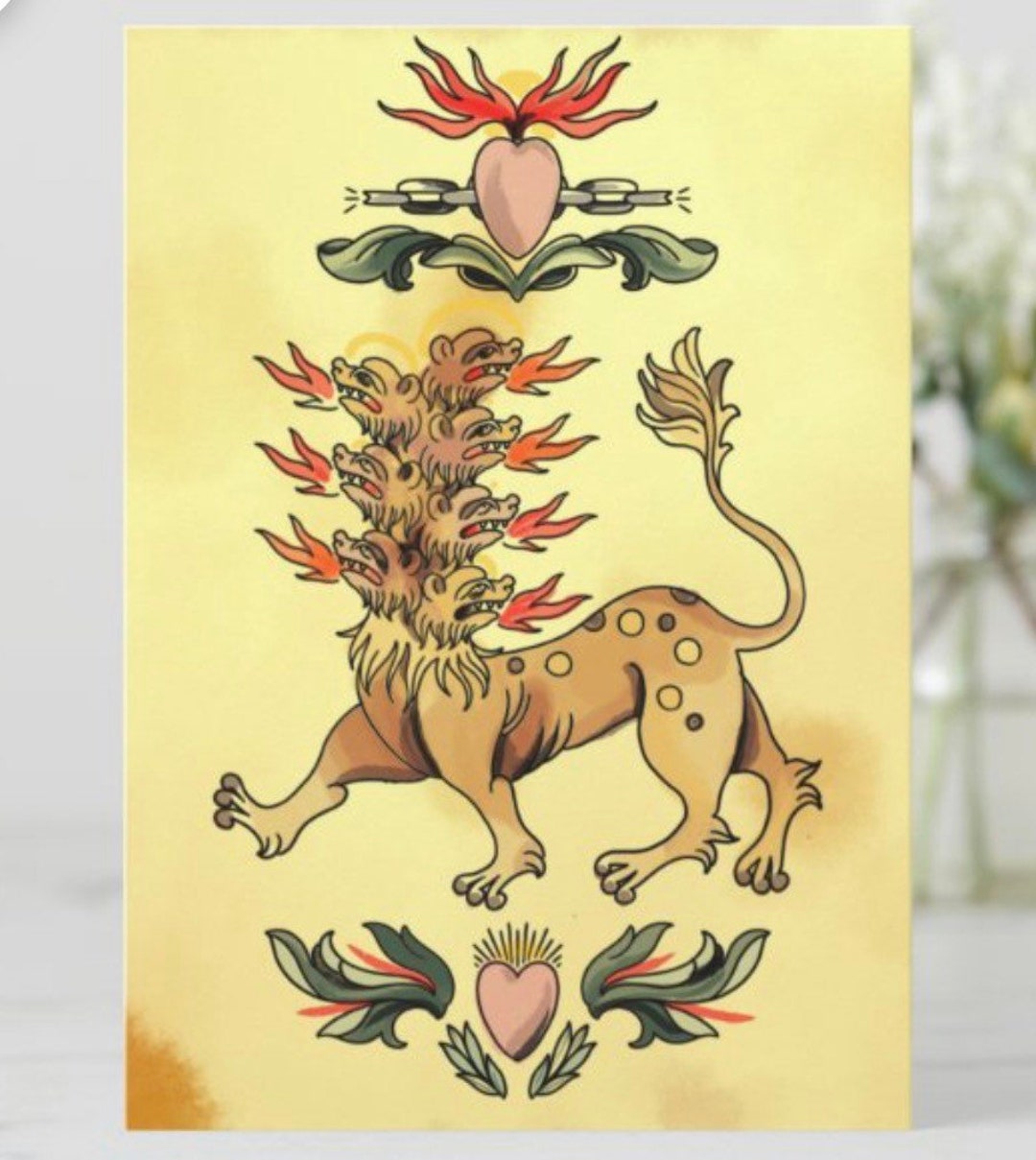 MEDIEVAL Revelations Seven Headed Lion Folk Art Original Middle Ages ...