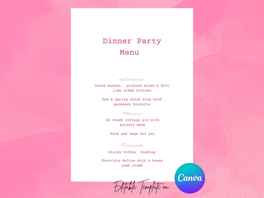 Minimalist Food Menu, Typed Menu, Dinner Party Menu Template, Editable ...