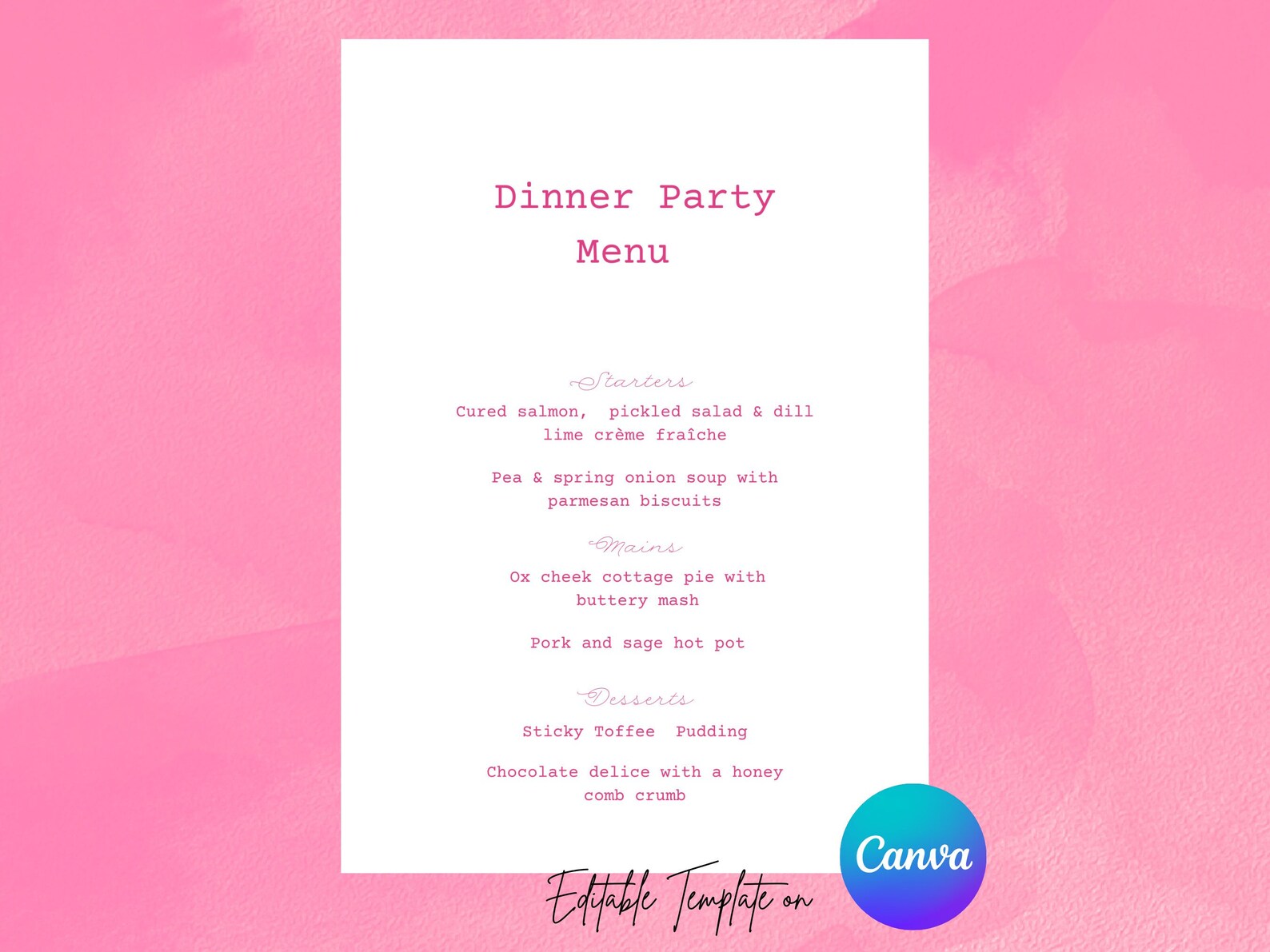 Minimalist Food Menu, Typed Menu, Dinner Party Menu Template, Editable ...