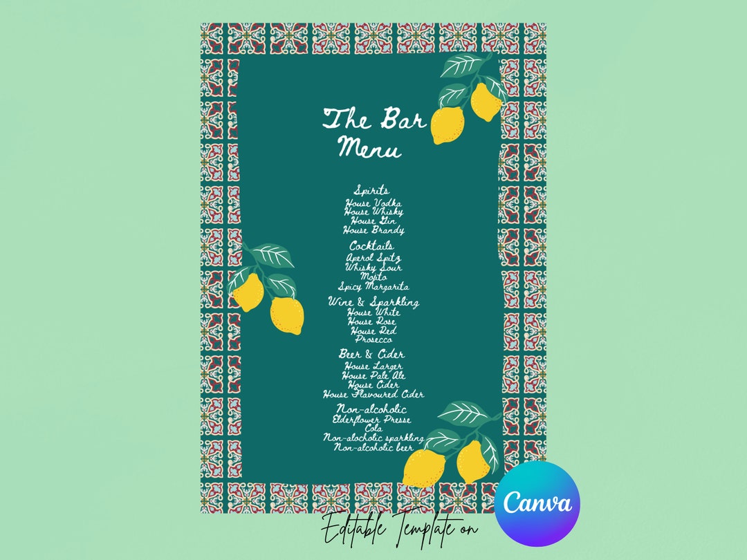 Italian Style Bar Menu, Lemon Menu, Italian Party, Italian Style ...
