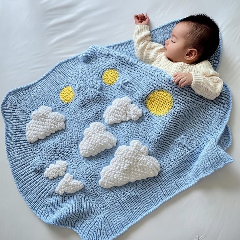 Hand-knitted Baby Blanket With 3D Clouds & Sun Soft Milestone Blanket ...