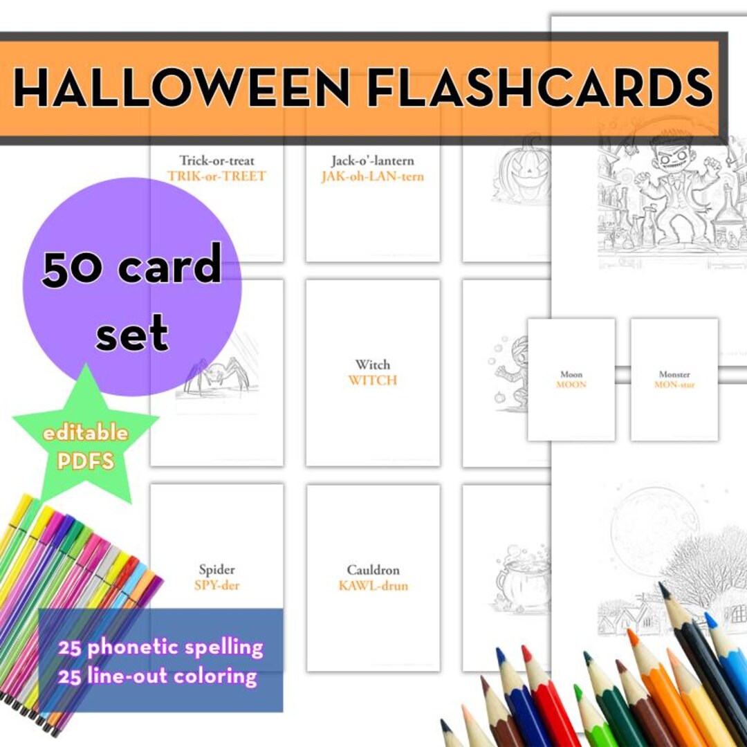 50 Halloween Phonetic Spelling & Coloring Flashcards Editable and ...