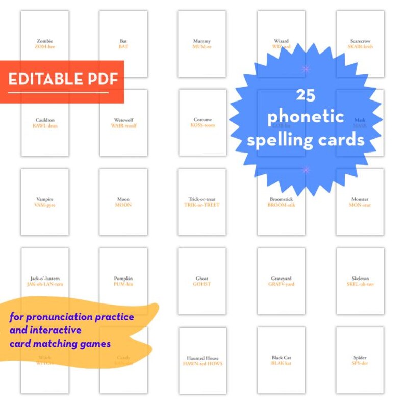 75 Printable Halloween Flashcards for Kids Phonetic Spelling and ...