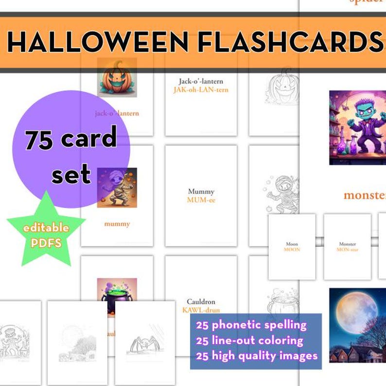 75 Printable Halloween Flashcards for Kids Phonetic Spelling and ...
