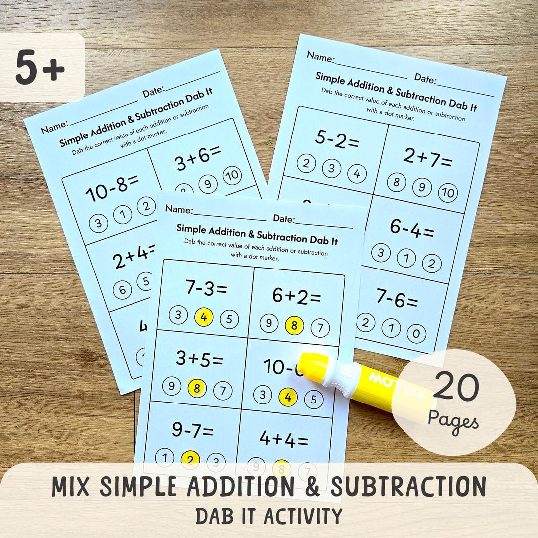 Printable Mix Simple One-digit Addition & Subtraction Dab It Activity ...