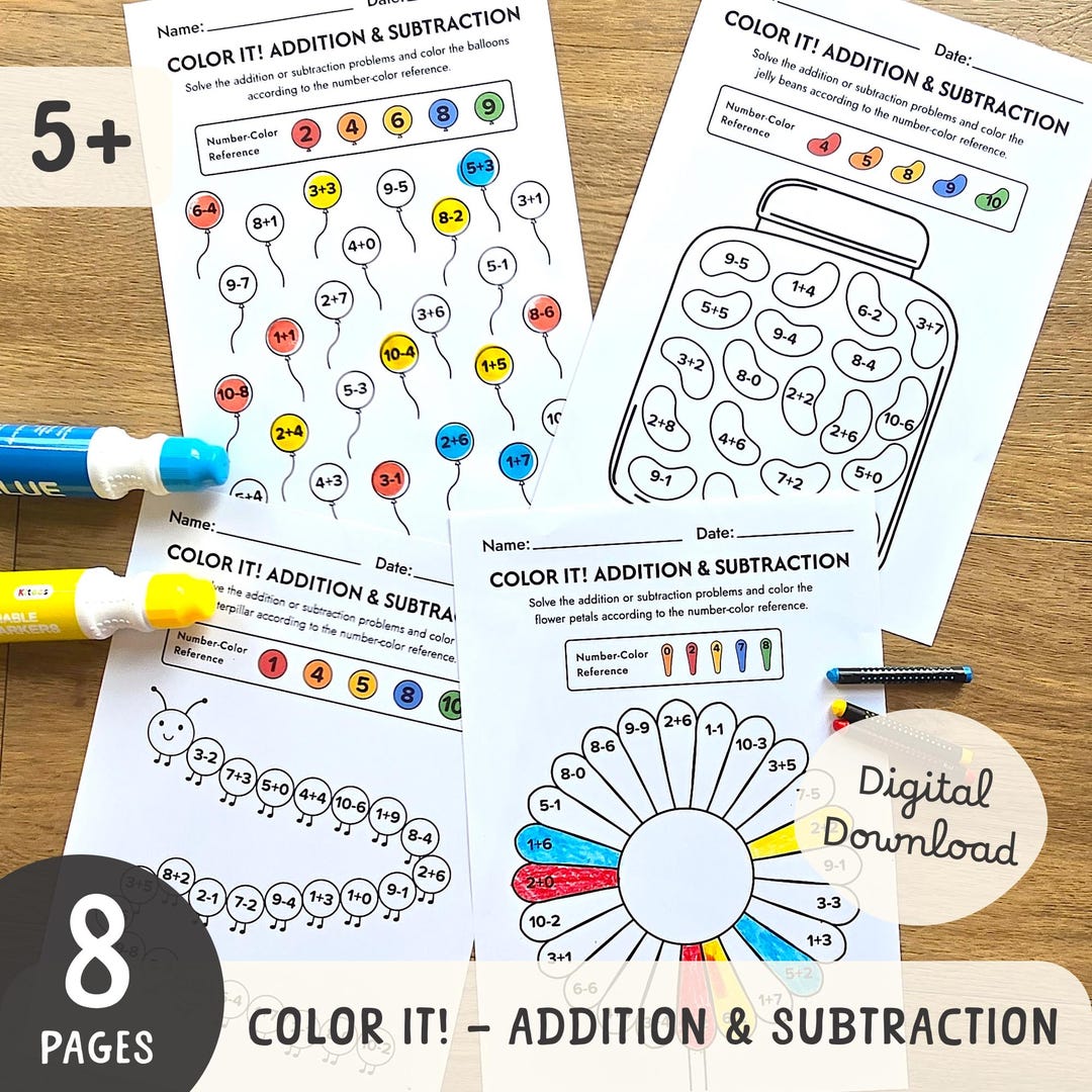 Printable Addition and Subtraction Coloring Worksheets, Kindergarten ...