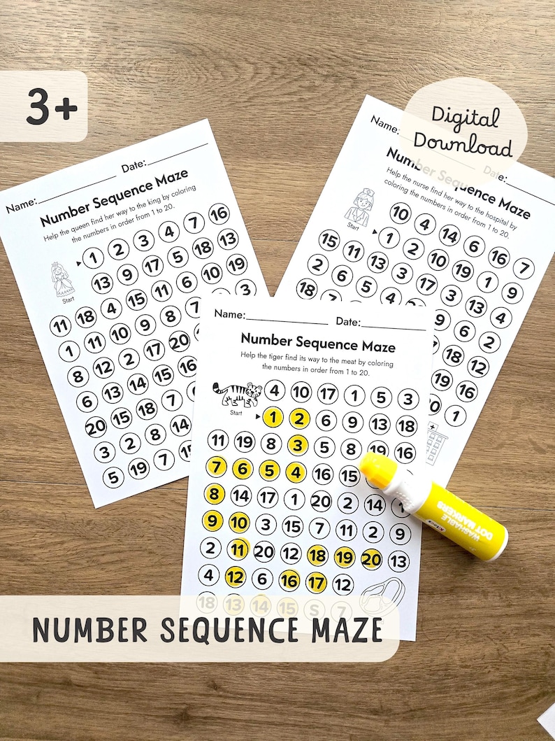 Printable Number Sequence Maze Dab It Activity 1 to 20, Preschool Number Recognition Worksheets ...