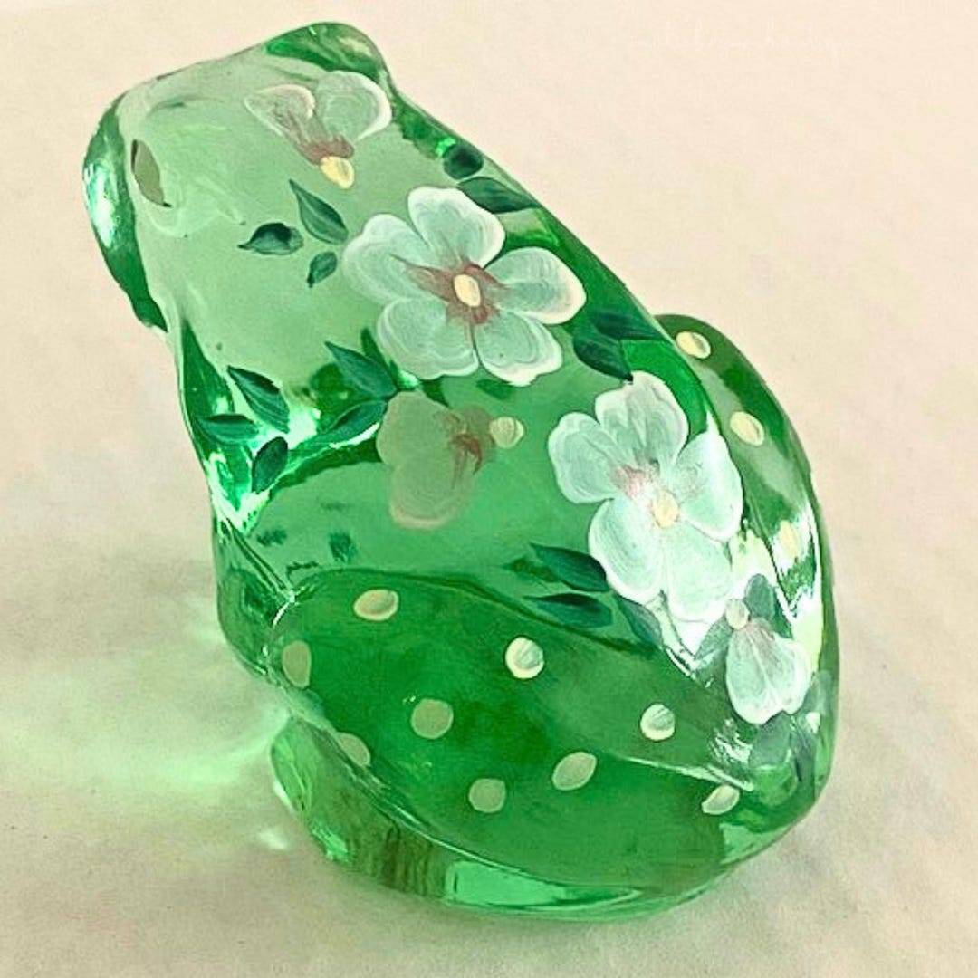 Vintage Fenton Art Glass Hand Painted Pink Lily Green Glass Frog ...