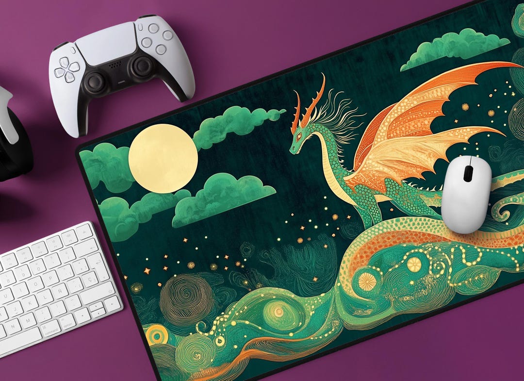 Magical Dragon Art Desk Mat | Green Blue Stars Celestial Dragon ...