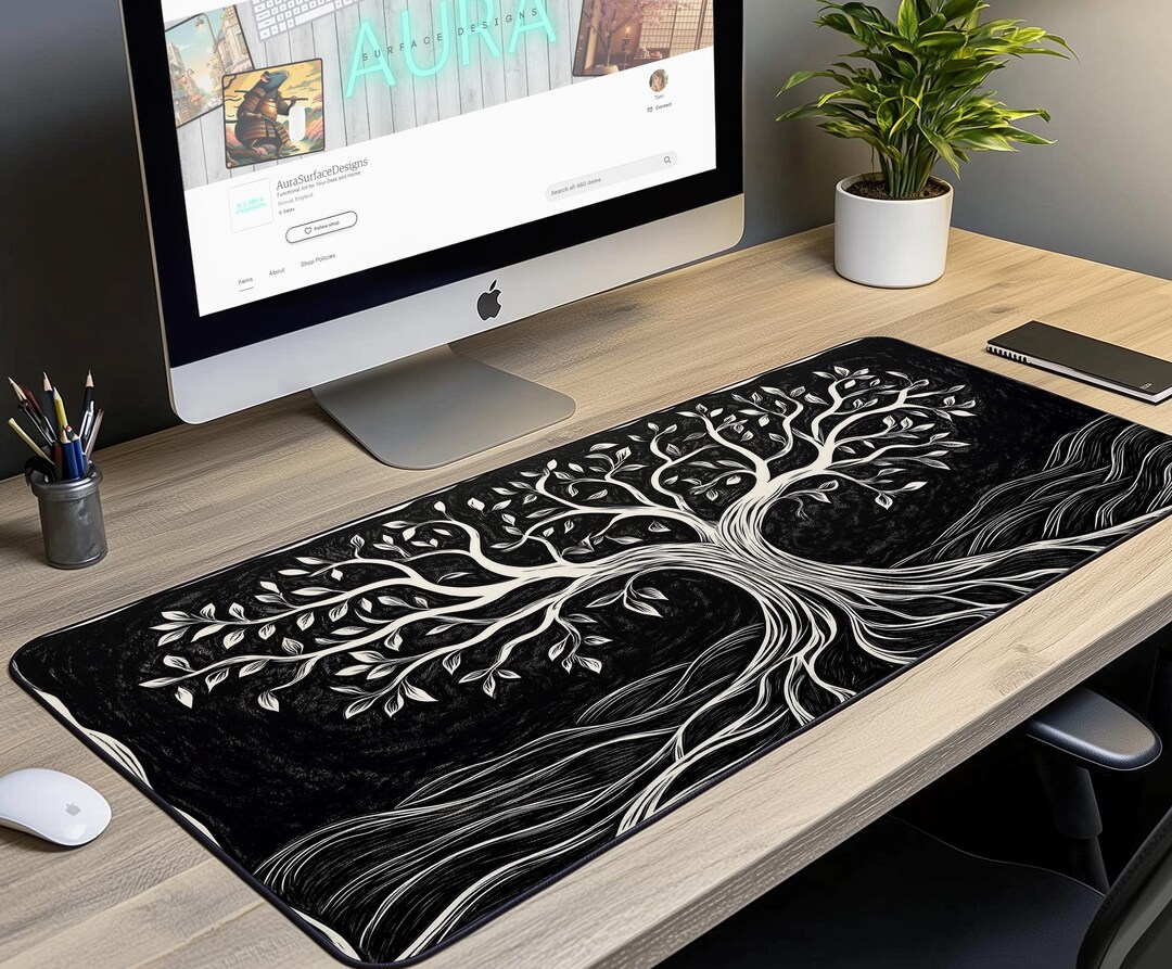 Tree of Life Desk Mat | Black & White Viking Lino Cut Style Desk Pad ...
