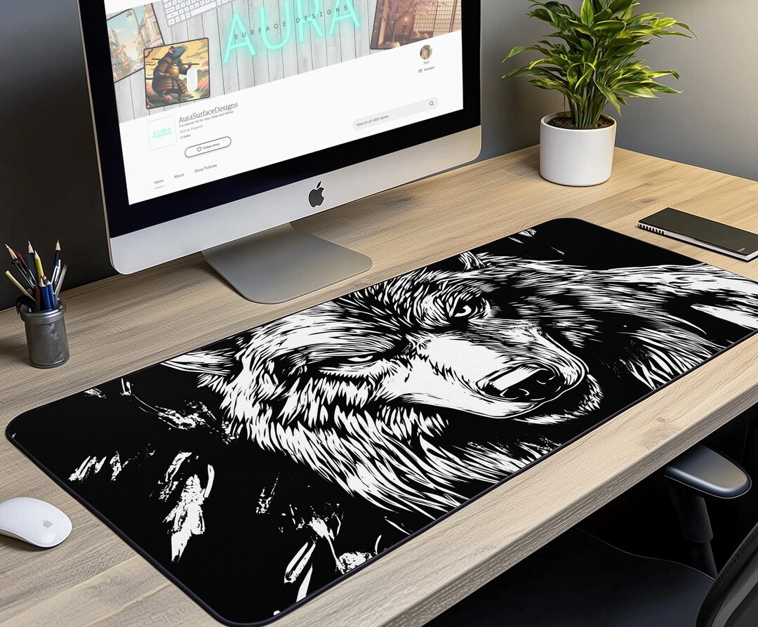 Fierce Black and White Wolf Desk Mat Viking Art Desk Pad XL Mouse Pad ...