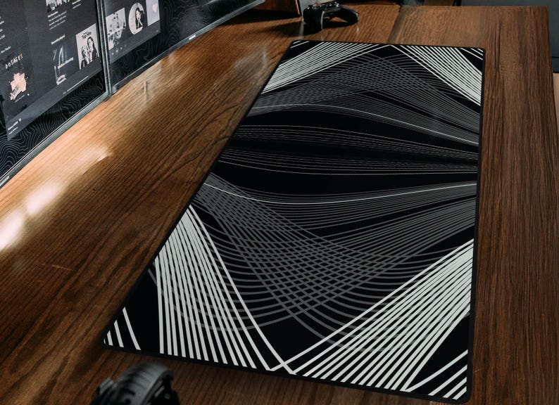 Black Abstract Lines Desk Mat: Large Minimalist Geometric Mousepad ...