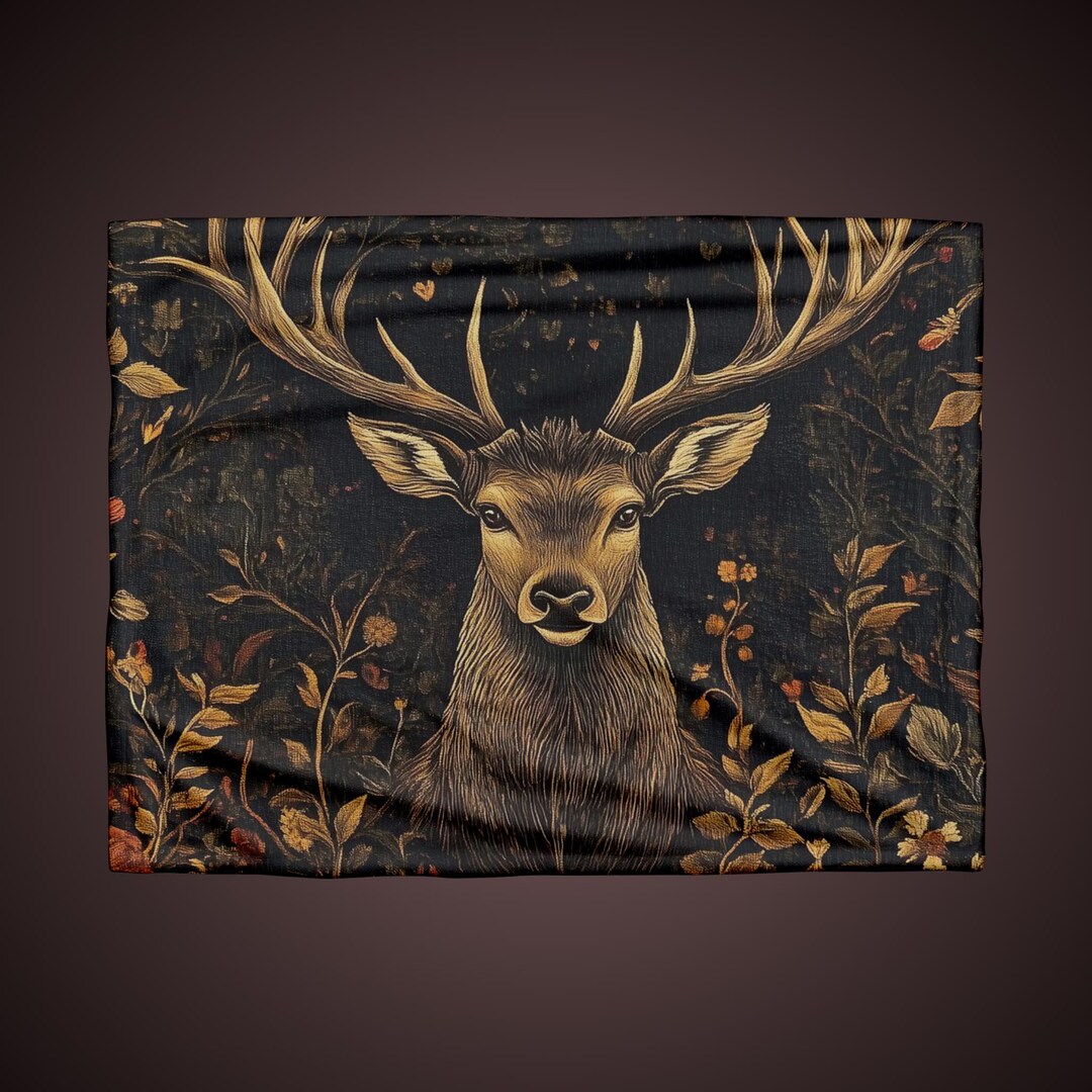 Majestic Golden Stag Design Blanket | Dark Floral Aesthetic | Witchy ...
