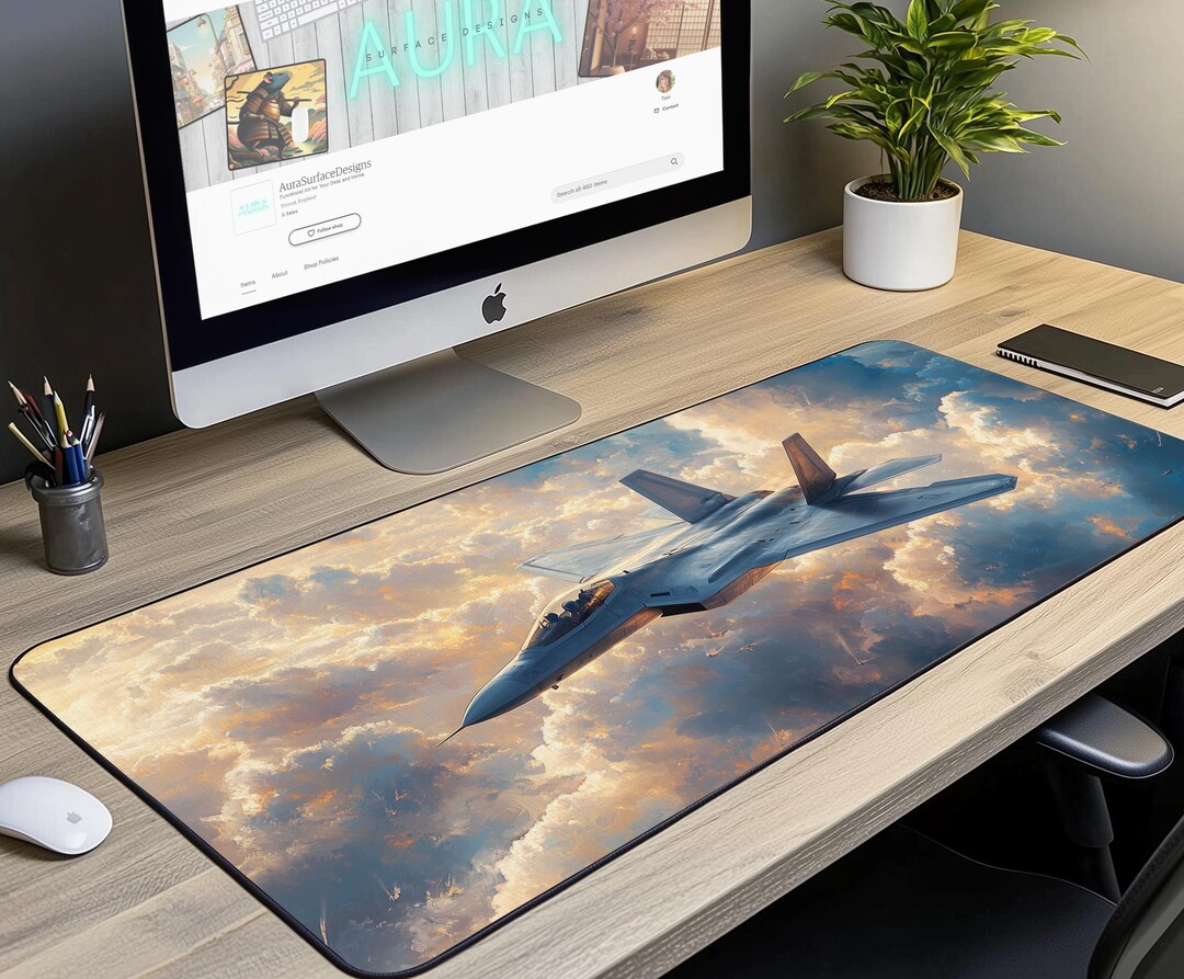 Raptor Fighter Jet Desk Mat | XL Mouse Pad for Home Office | Aviation ...