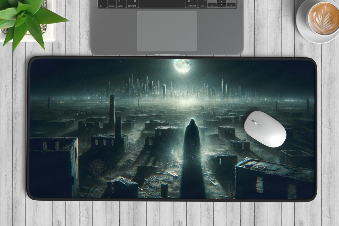 Dystopian Noir Cityscape Art Dark Ruins Mysterious Shadows Desk Mat XL ...