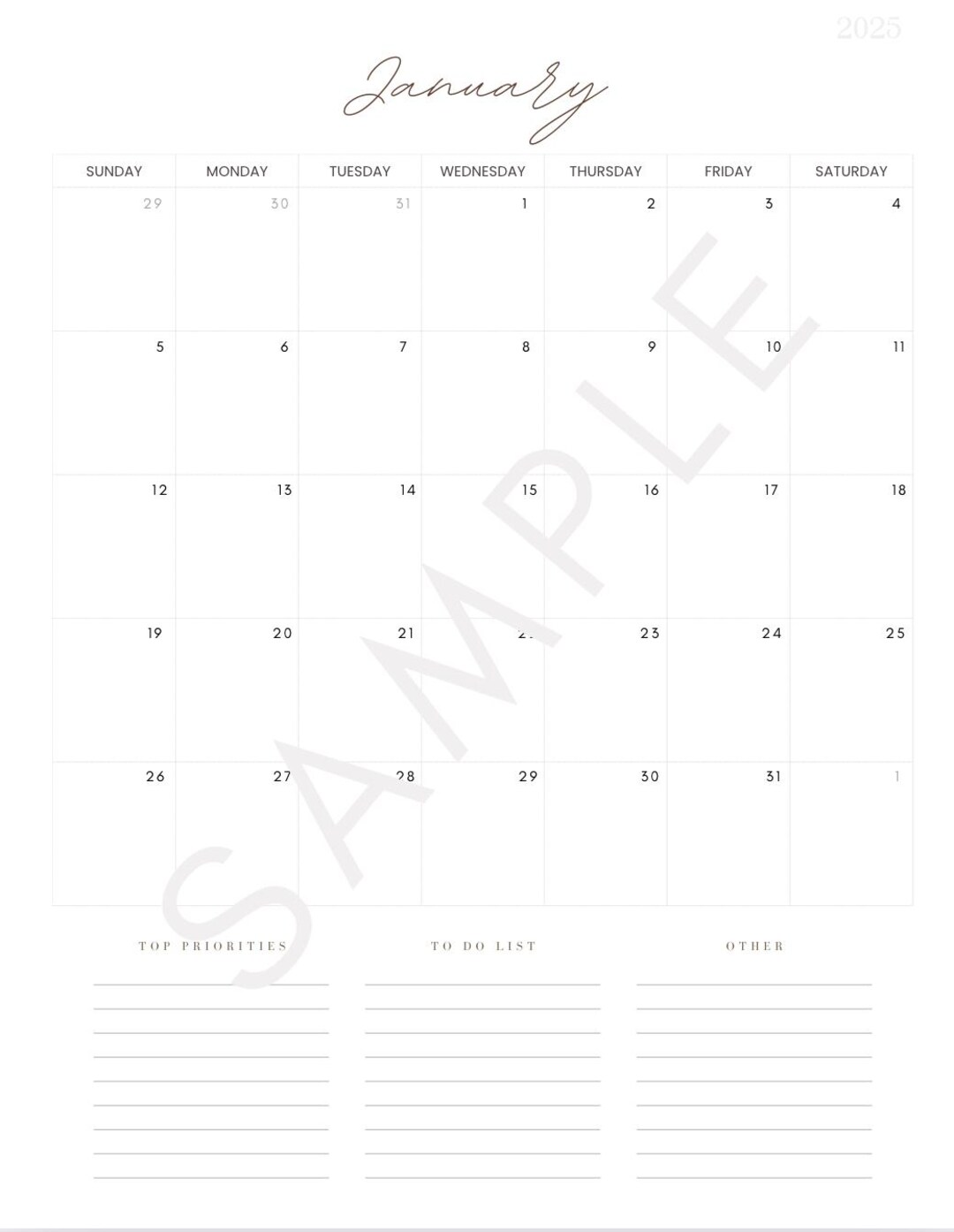 Clean and Simple Vertical Calendar PDF 2025 - 11x14 - Etsy
