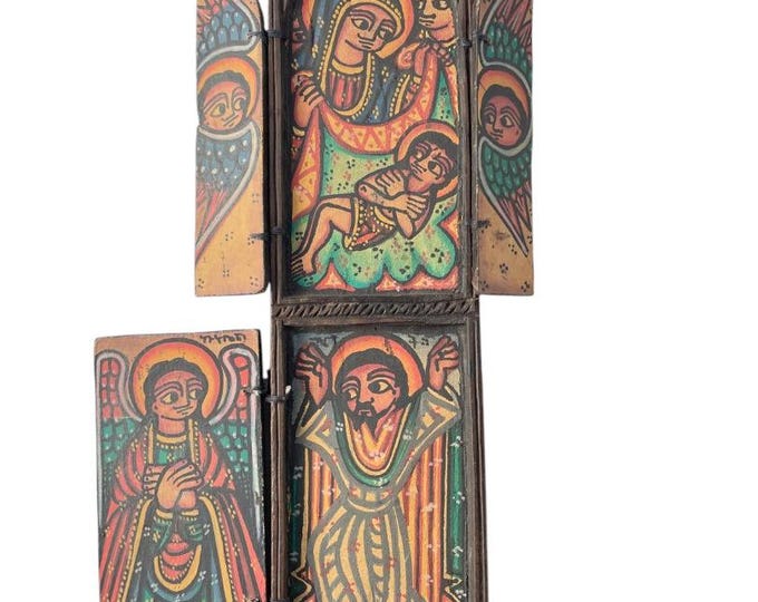 Vintage Ethiopian Orthodox Christian Wooden Icon, Long Handcrafted Triptych and Diptych With ...