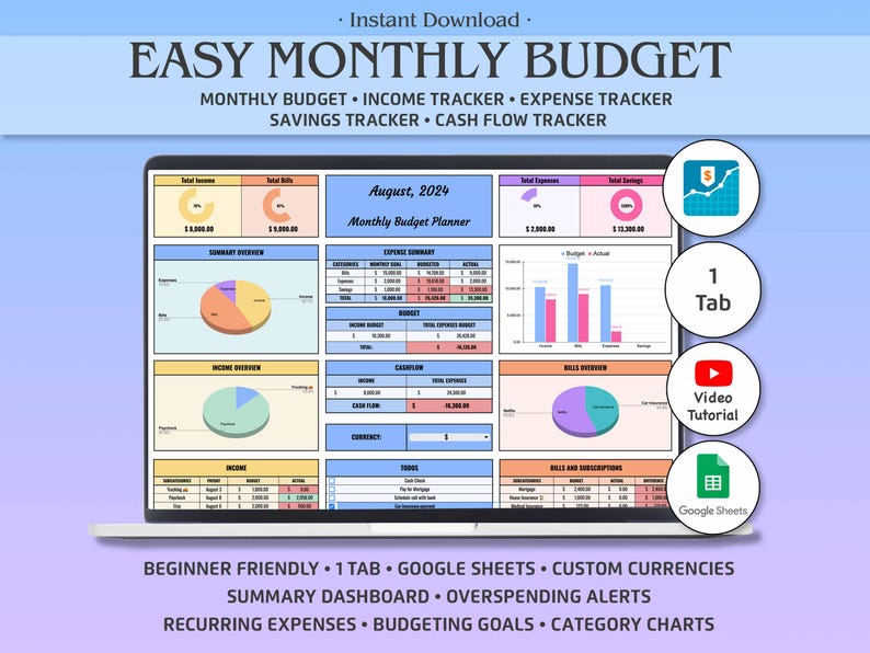 Easy Monthly Budget Spreadsheet for Google Sheets, Budget Tracker ...