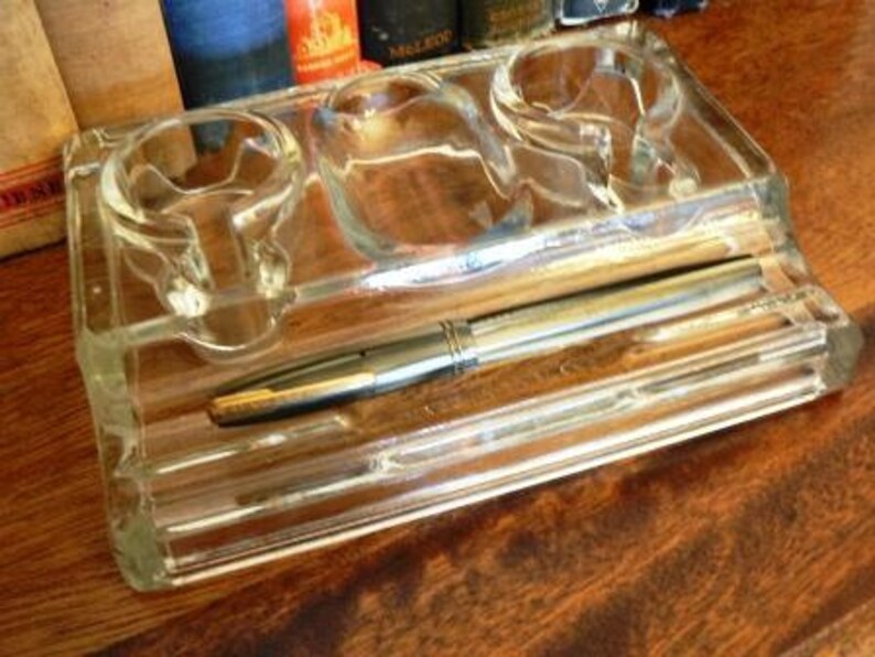 Vintage Office ... Glass Double INK WELL Desk Caddy PEN Holder Desk ...