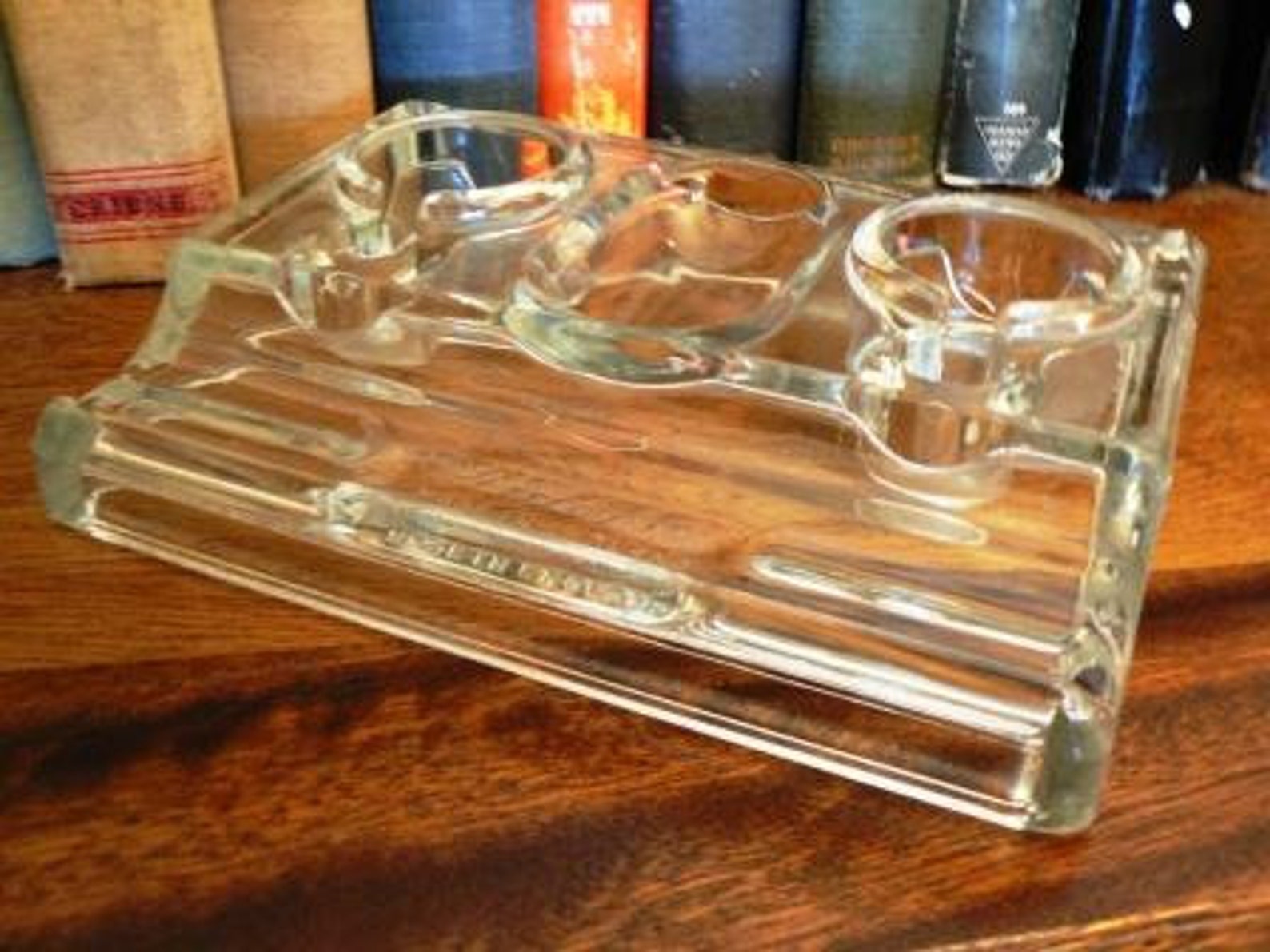 Vintage Office ... Glass Double INK WELL Desk Caddy PEN Holder Desk ...