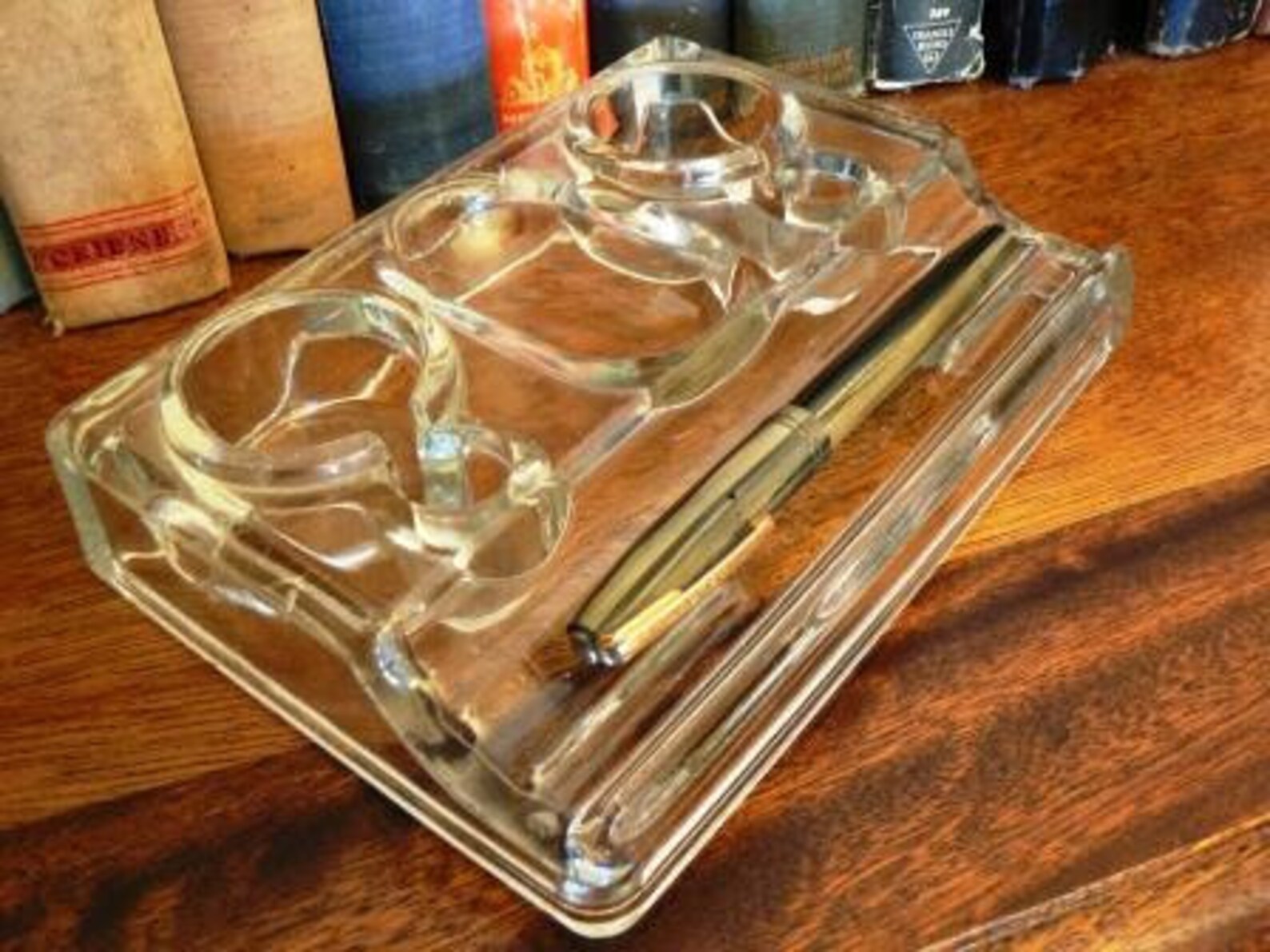 Vintage Office ... Glass Double INK WELL Desk Caddy PEN Holder Desk ...