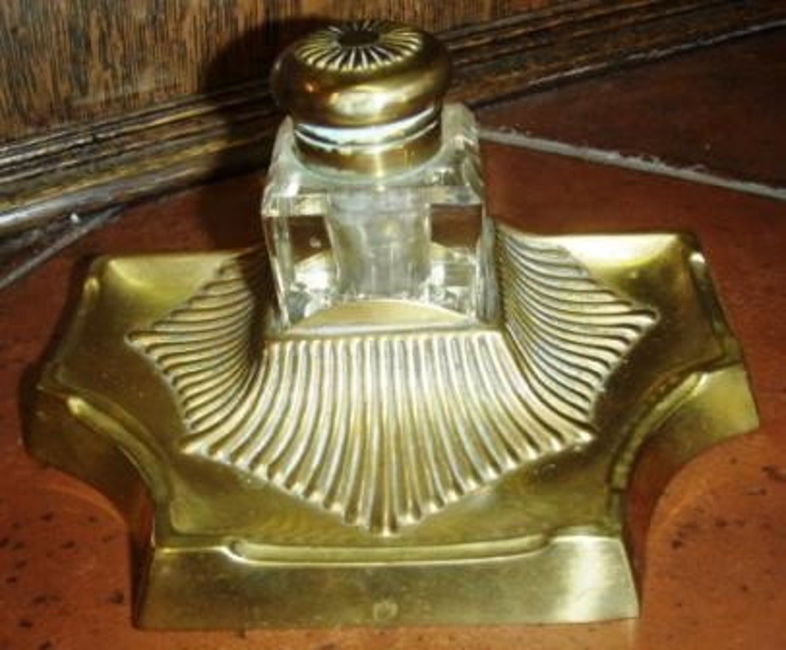 Vintage Inkwell ... DECO Style BRASS Antique INKWELL and Bottle ... Ink ...