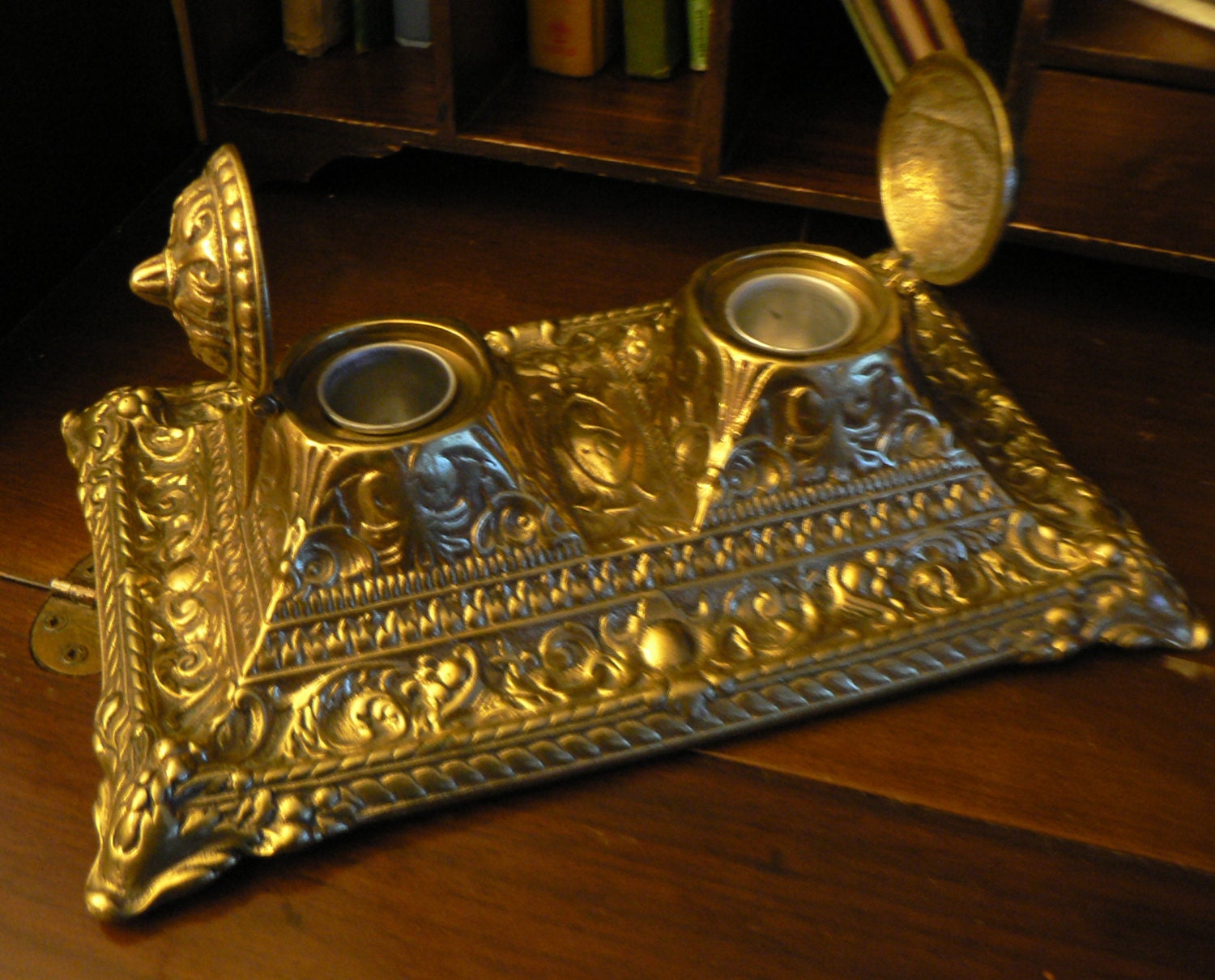 Vintage Office ... Large Stunning DOUBLE INKWELL BRASS Cast Desk Lovely ...