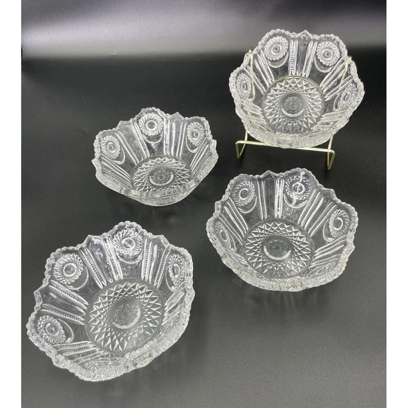 Vintage EAPG Beaded Panel Sunburst Clear Glass Berry Dessert Bowls Set ...