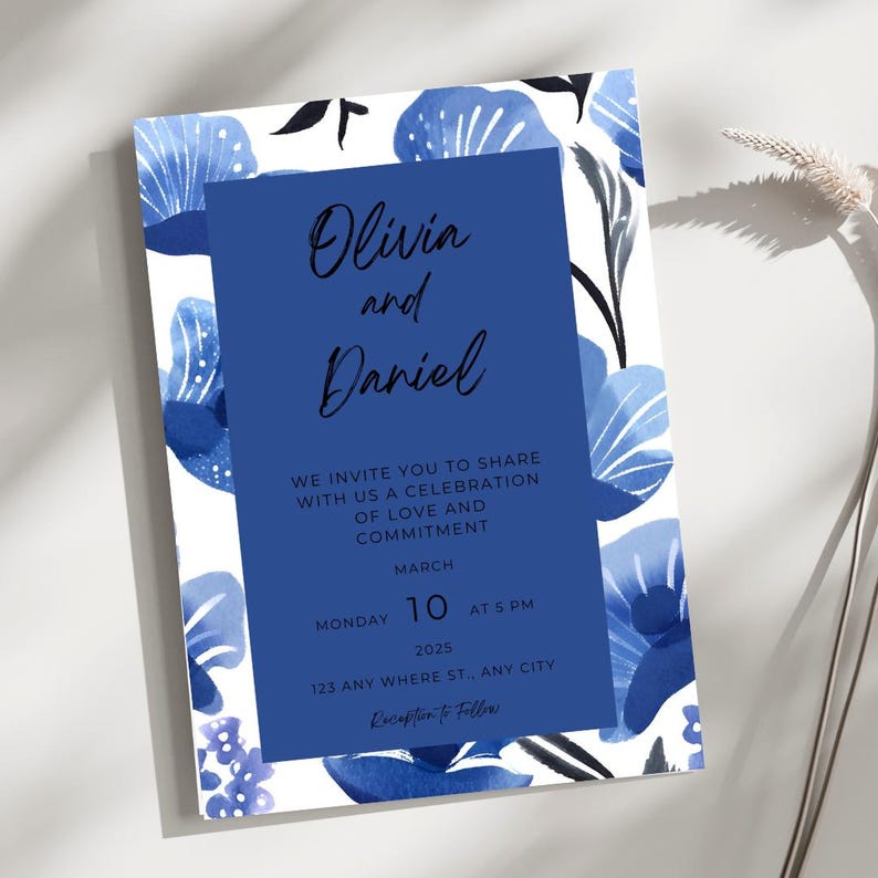Blue and White Floral Wedding Invitation Customisable - Etsy