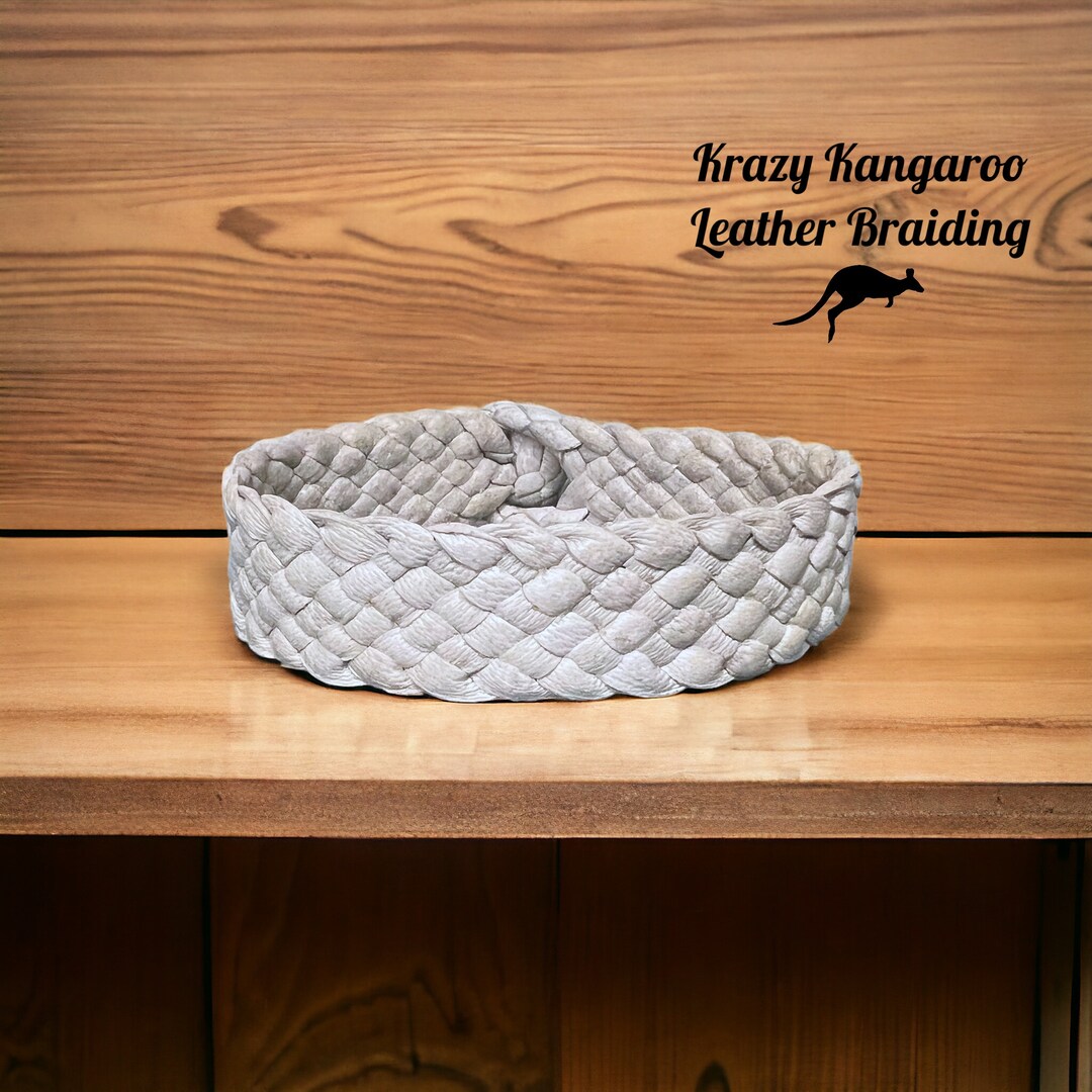 Flat 8 Plait Braided Button Loop Kangaroo Leather Bracelet Light Gray ...