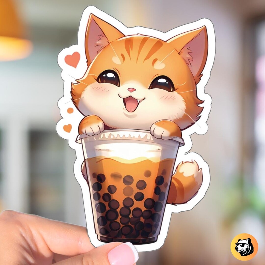 Cat Boba Tea Sticker, Cat Bubble Tea Sticker, Chibi Cat Sticker, Kawaii ...