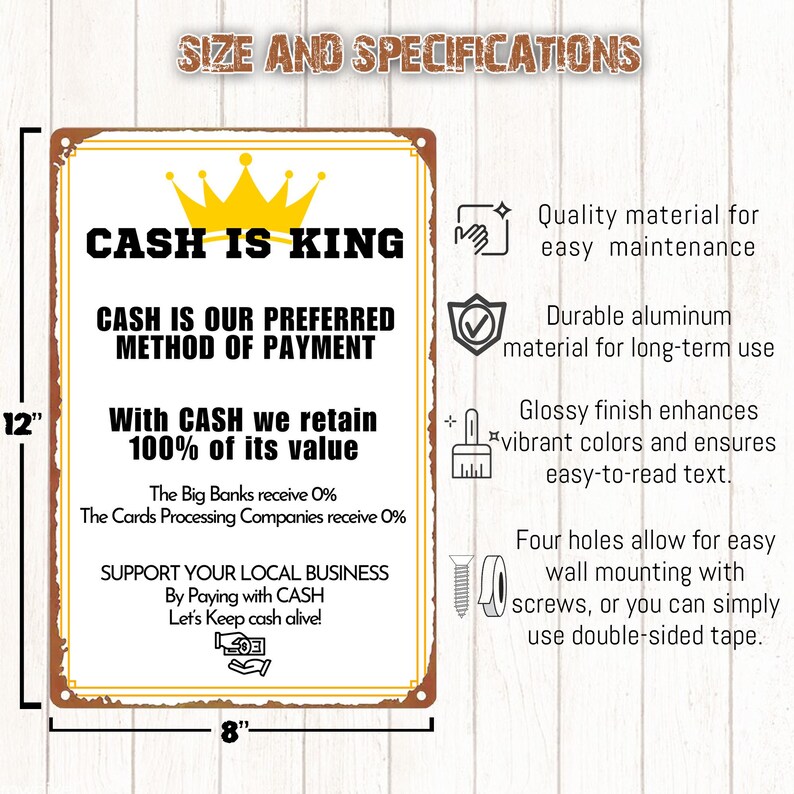 Pay With Cash Business Sign, 8x12 Aluminum 'cash is King', Cash ...