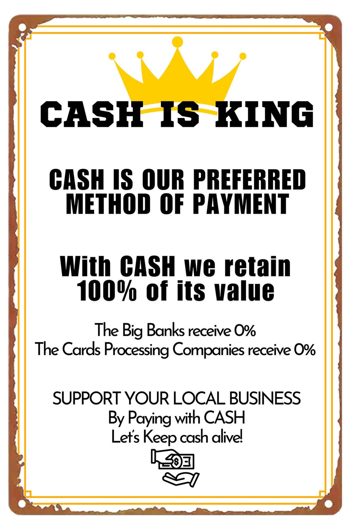 Pay With Cash Business Sign, 8x12 Aluminum 'cash is King', Cash ...