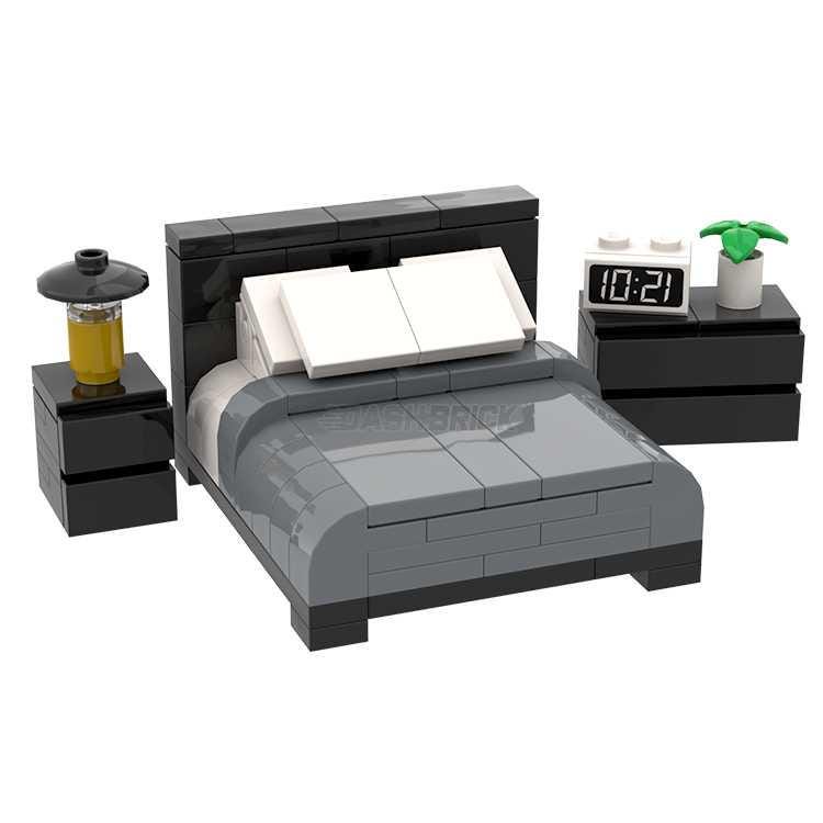 LEGO "modern Double Bed" - Black-frame, Grey/white Sheets, Bedside ...