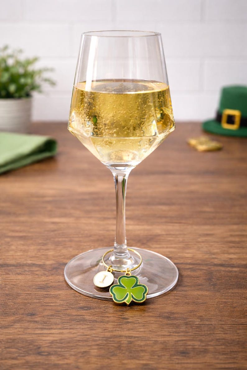 Custom Gold Wine Charms, St Patricks Day, Initial, Shamrock, Party ...
