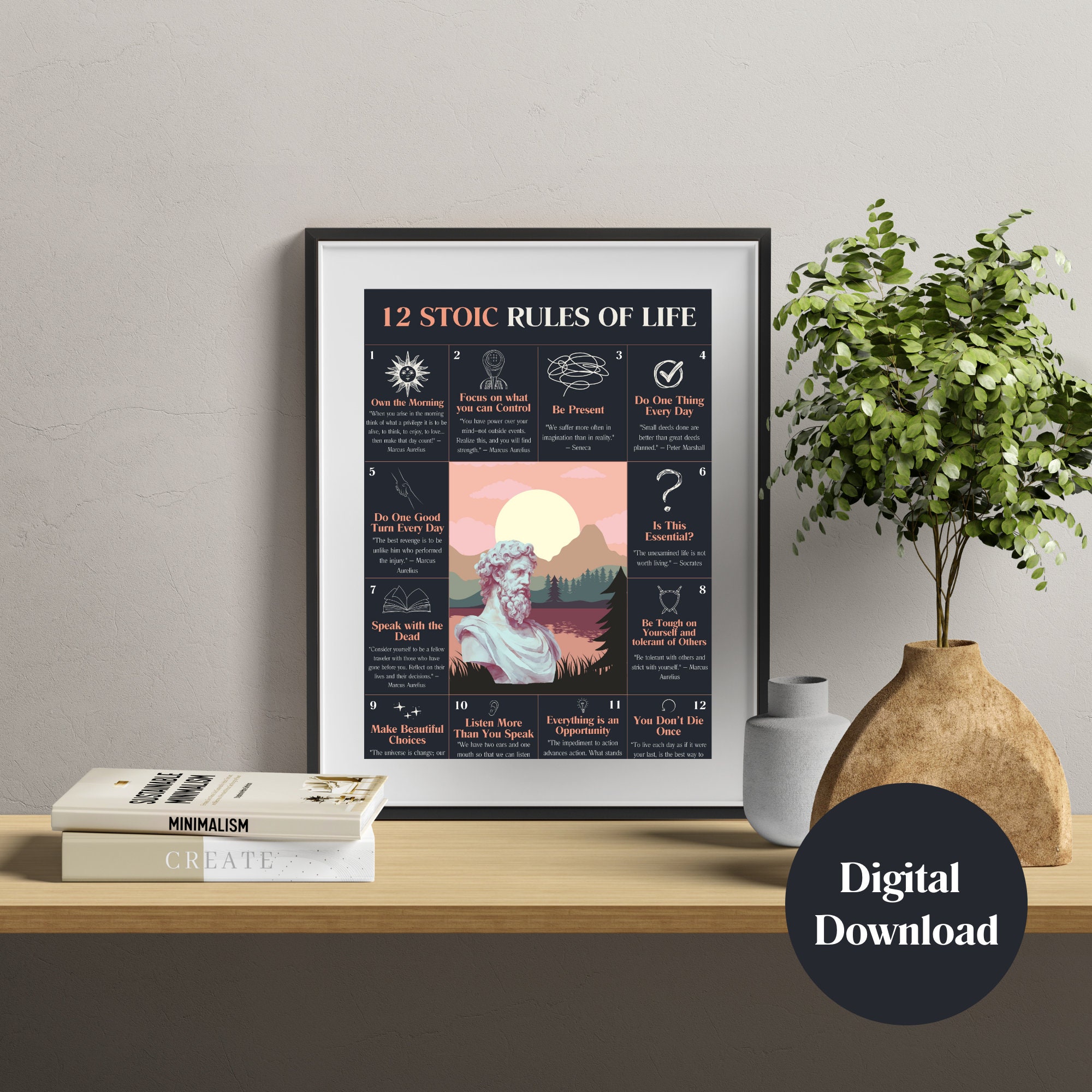 12 Stoic Rules of Life Poster - Inspirational Wall Art - Stoic ...